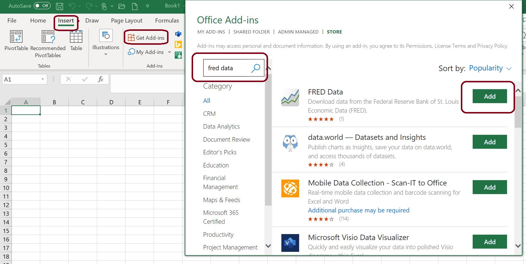 Use The Excel Add in Getting To Know FRED